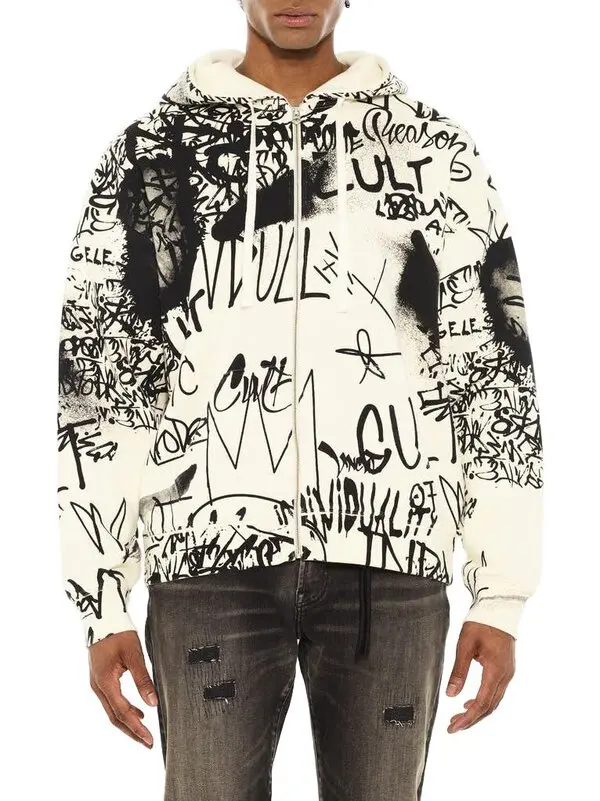 CULT OF INDIVIDUALITY Scribbled Graphic Zip Hoodie - Winter White
