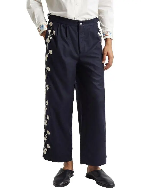BODE Snowdrop Appliqué Wool Blend Trousers - Navy