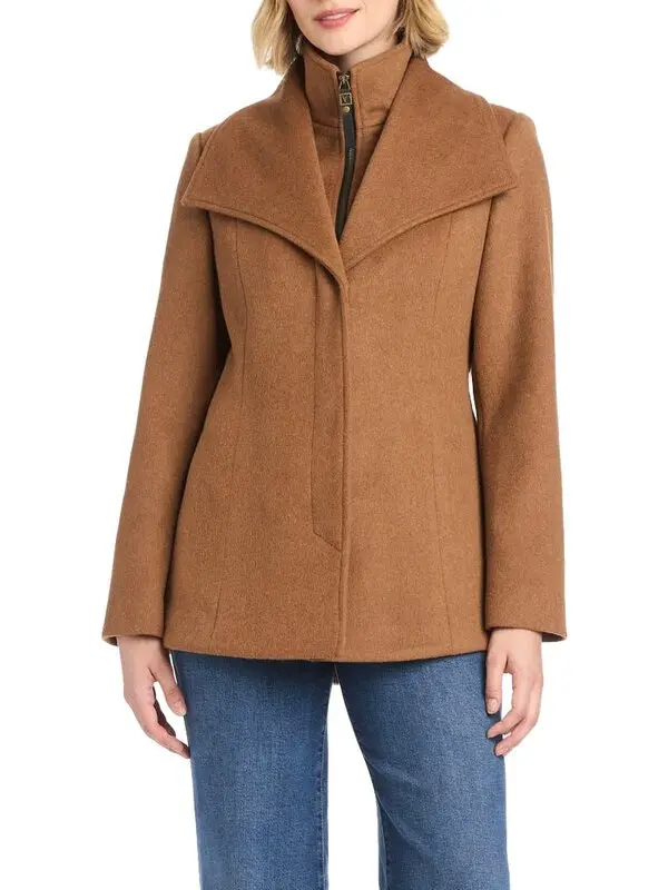 Vince Camuto High-low Hem Wool Blend Coat With Fixed Bib - Camel
