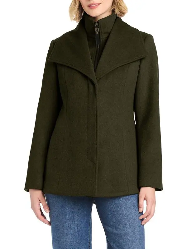 Vince Camuto High-low Hem Wool Blend Coat With Fixed Bib - Olive