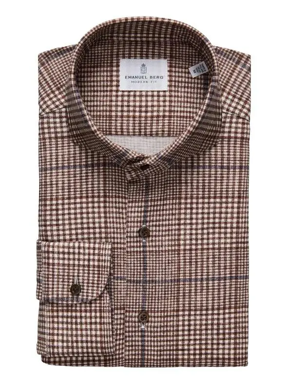 EMANUEL BERG Modern Fit Glen Check Stretch Cotton Knit Dress Shirt - Medium Brown