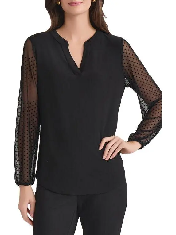 KASPER Split Neck Top - Black