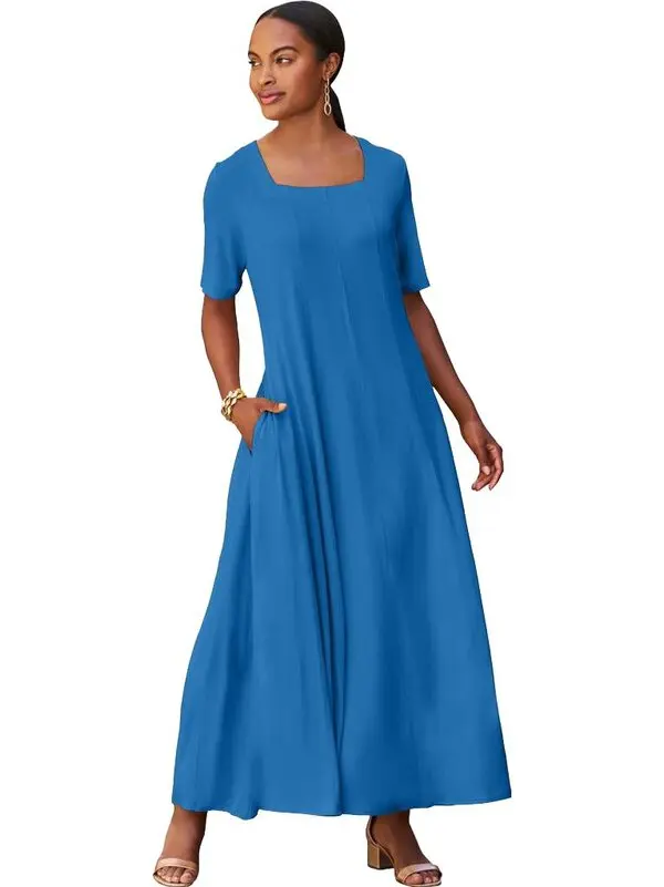 JESSICA LONDON Square Neck Maxi Dress With Fit And Flare Silhouette - Pool Blue