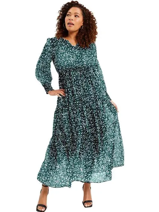 JUNE + VIE Tiered Maxi Dress - Dotted Green
