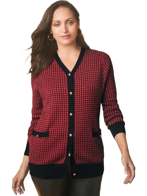 JESSICA LONDON V-neck Cardigan Sweater - Red & Black Small Houndstooth