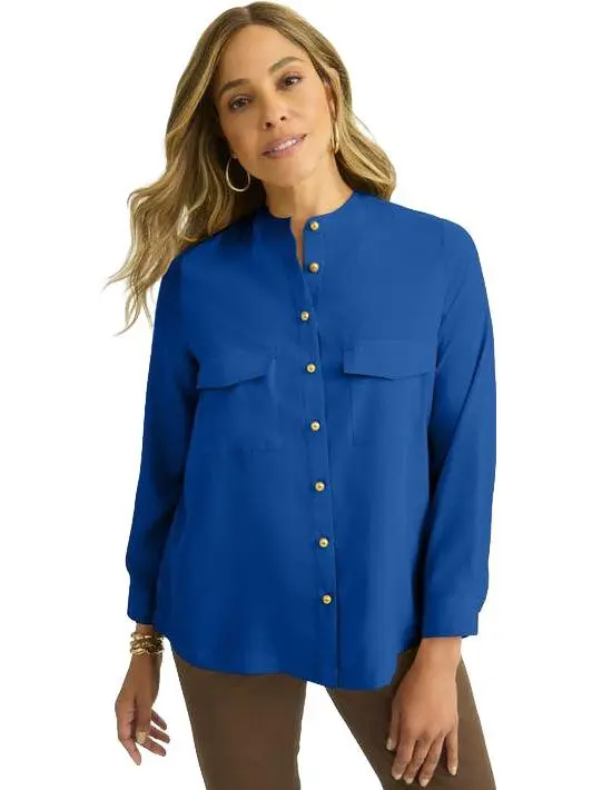 JESSICA LONDON Button-front Chest Pocket Blouse - Dark Sapphire