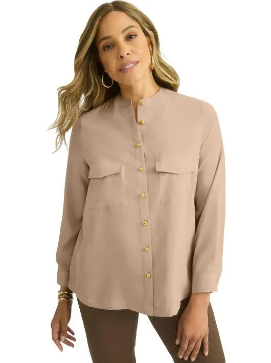 JESSICA LONDON Button-front Chest Pocket Blouse - New Khaki