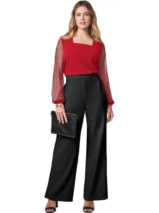 JESSICA LONDON Stretch Crepe Square Neck Mixed Media Top - Classic Red