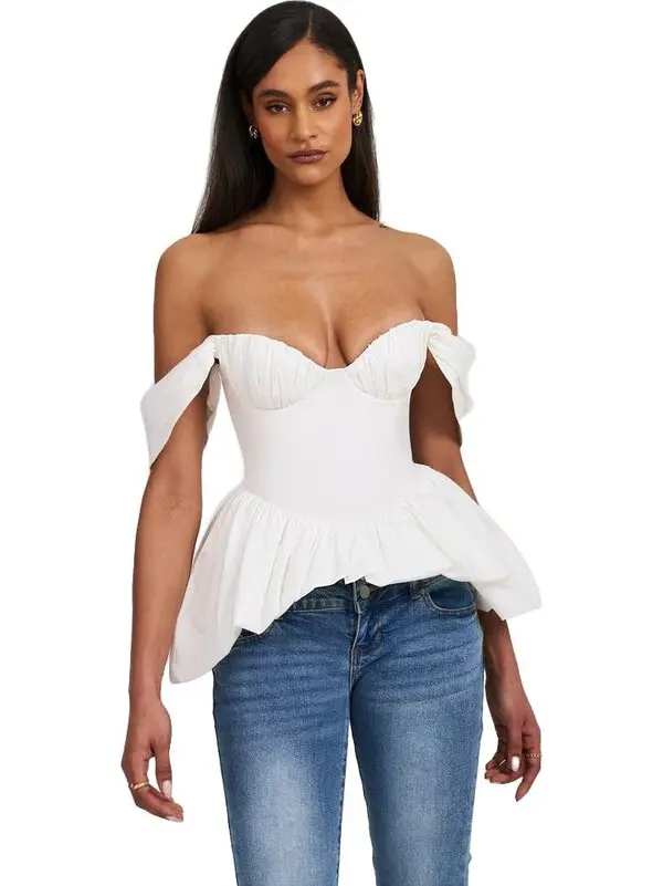 MISS CIRCLE Off-shoulder Peplum Cotton Top - White