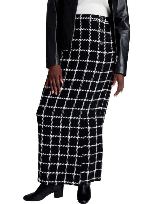 JESSICA LONDON Side-button Plaid Wool Skirt - Black Ivory Windowpane