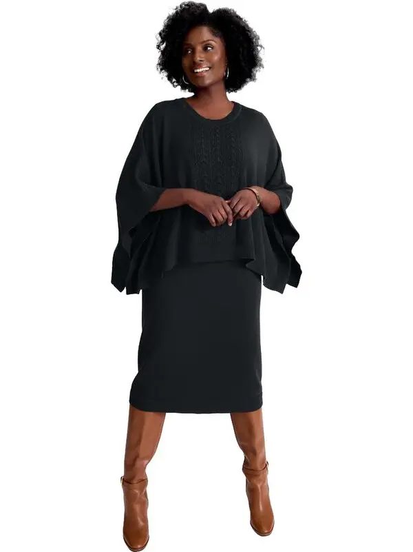 JESSICA LONDON Cable Knit Cape Sweater Dress - Black