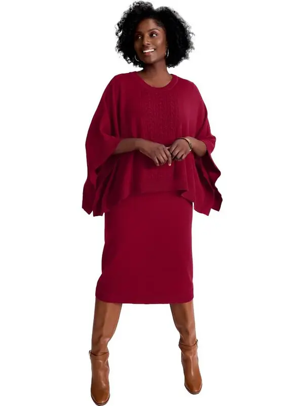 JESSICA LONDON Cable Knit Cape Sweater Dress - Rich Burgundy