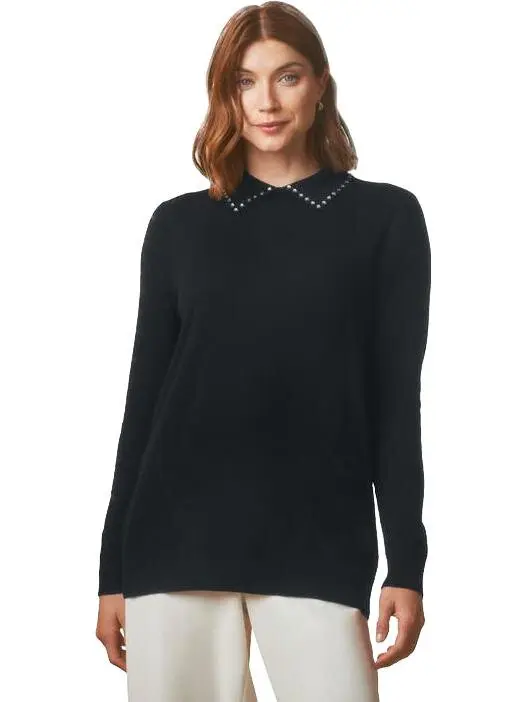 JESSICA LONDON Fine Gauge Embellished Collared Sweater - Black Rhinestone Collar