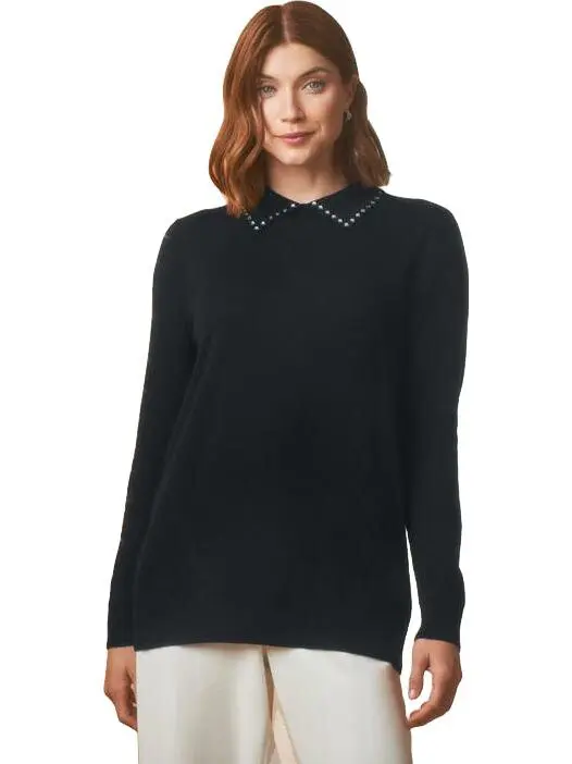 JESSICA LONDON Fine Gauge Embellished Collared Sweater - Black Rhinestone Collar