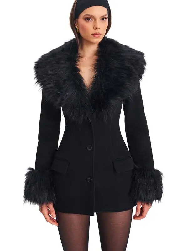 MISS CIRCLE Hailee Wool Blend Mini Coat With Removable Fur Lapel - Black