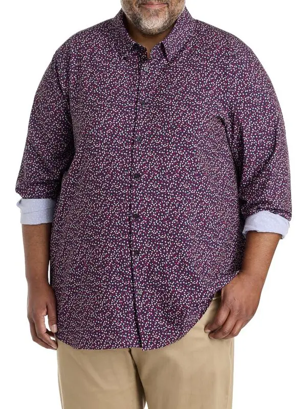 Perry Ellis Big & Tall Micro Floral Patterned Sport Shirt - Zinfandel
