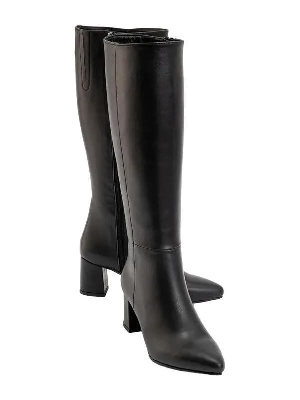 FOREVER & ALWAYS SHOES Sejas Leather Block Heel Knee-high Boots - Black Leather