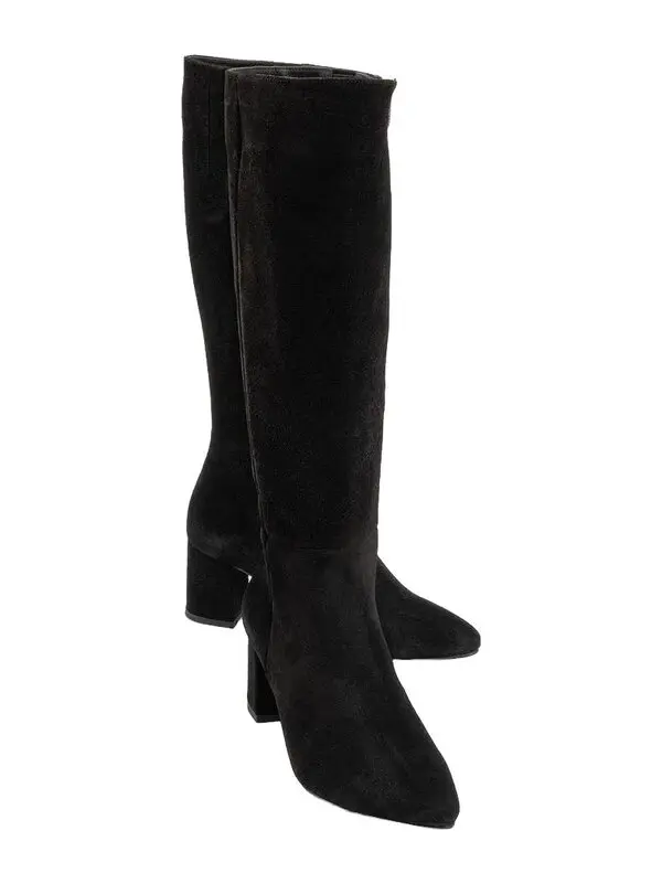 FOREVER & ALWAYS SHOES Sejas Leather Block Heel Knee-high Boots - Black Suede Leather