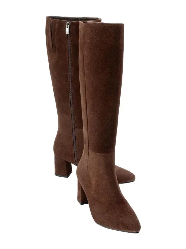 FOREVER & ALWAYS SHOES Sejas Leather Block Heel Knee-high Boots - Brown Suede Leather