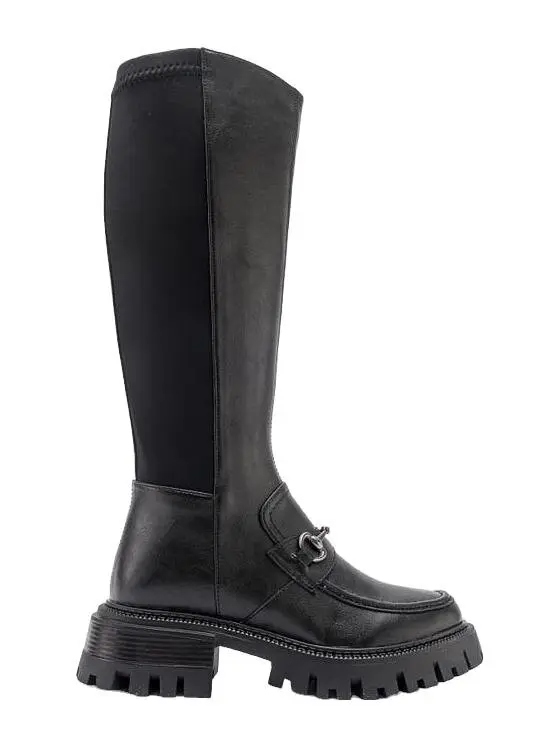 PROLOGUE SHOES Chapel Buckle Stretch Boots - Black Stretch Faux Leather