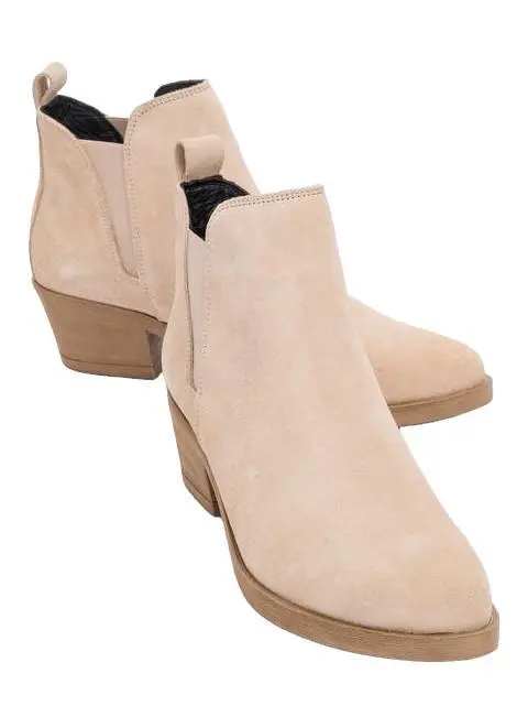 FOREVER & ALWAYS SHOES Dovena Leather Block Heel Ankle Boots - Beige Suede Leather