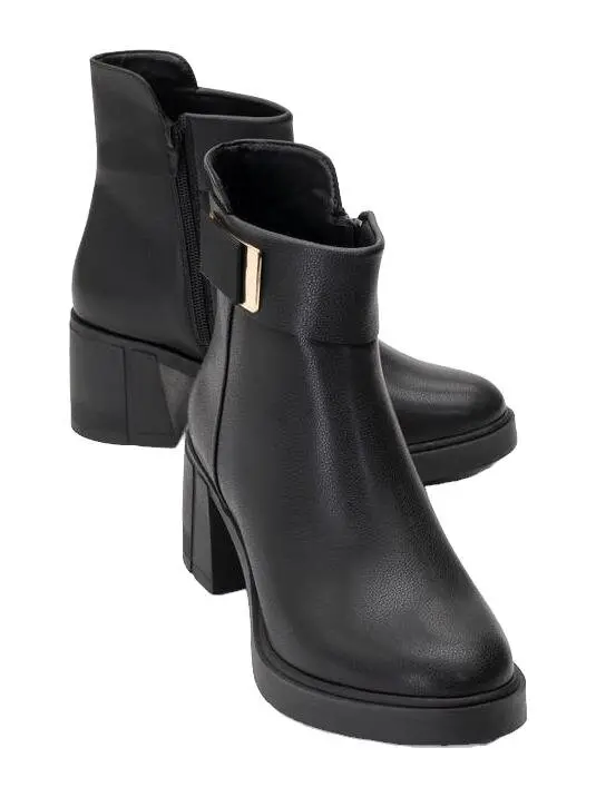 PROLOGUE SHOES Rashe Block Heel Zip Boot - Black Faux Leather