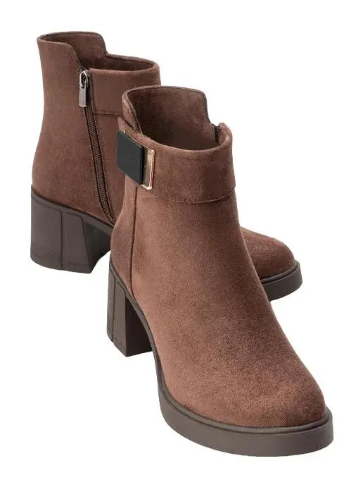 PROLOGUE SHOES Rashe Block Heel Zip Boot - Brown Suede Faux Leather