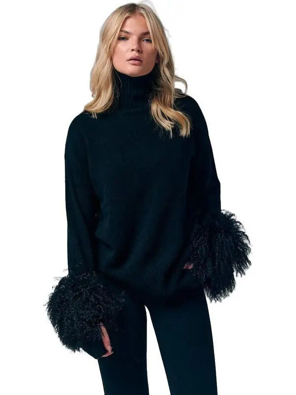 LE FAFO Mongolian Shearling Cuff Cashmere Sweater - Black