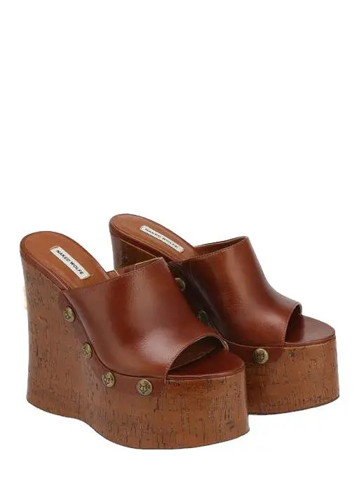 NAKED WOLFE Tulip Leather Wedge Clog Heel - Tan