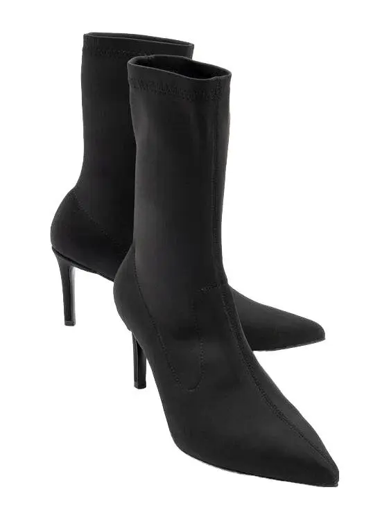 PROLOGUE SHOES Thalin Zip Stiletto Boots - Black Stretch Faux Leather