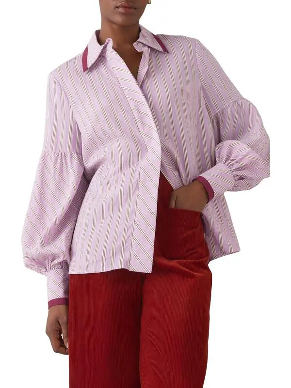 LK BENNETT Selma Striped Lantern Sleeve Button-up Shirt - Purple
