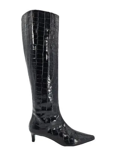 MADISON MAISON Tall Moc Croc Pointy Toe Kitten Heel Boots - Black