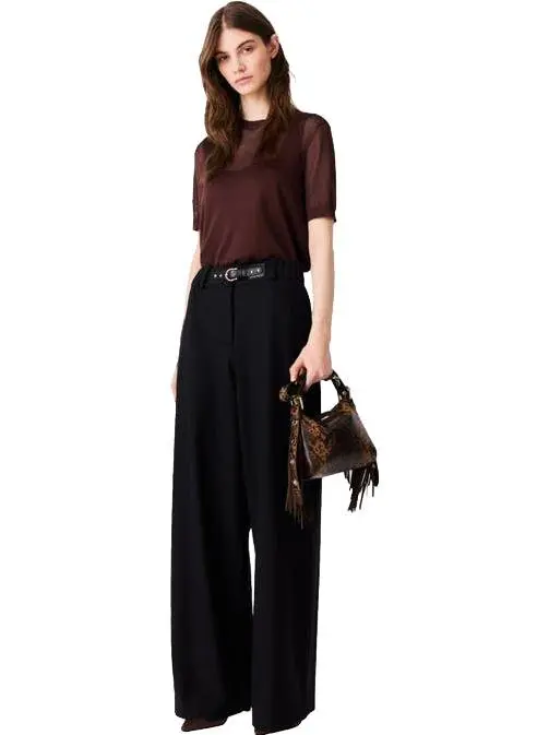 Maje Wide-leg Suit Trousers With Leather-effect Buckle - Black