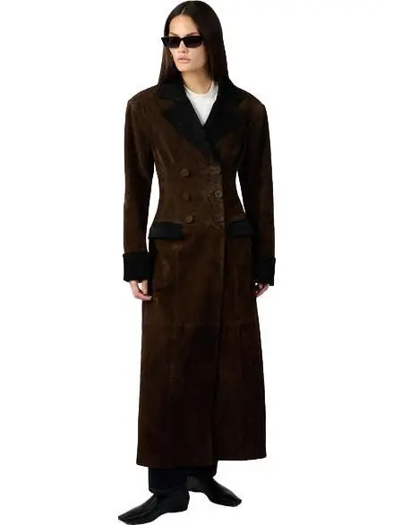 WeWoreWhat Double-breasted Suede Coat - Chocolte Brw/bk