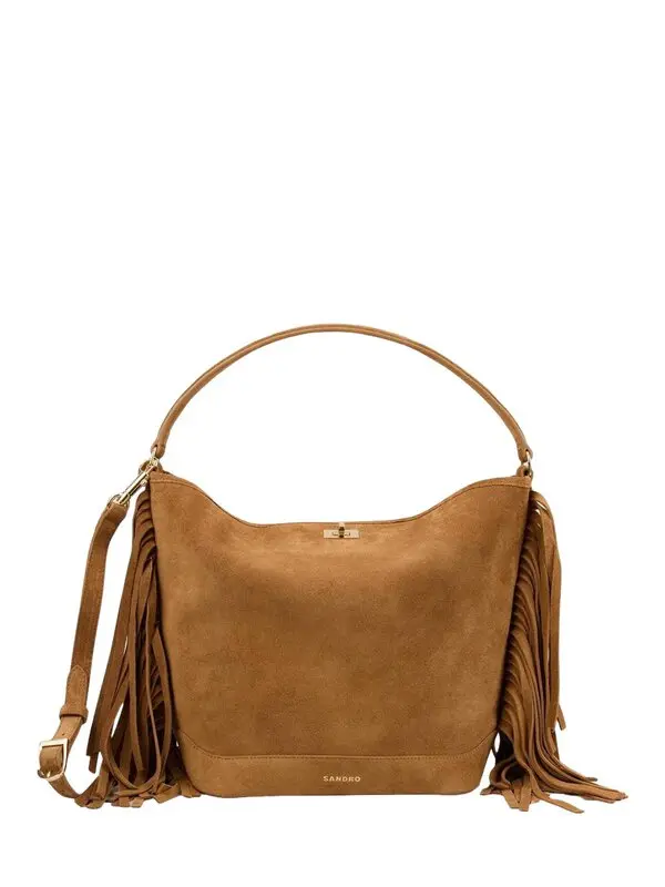 Sandro Tangoso Fringed Suede Bucket Bag - Camel