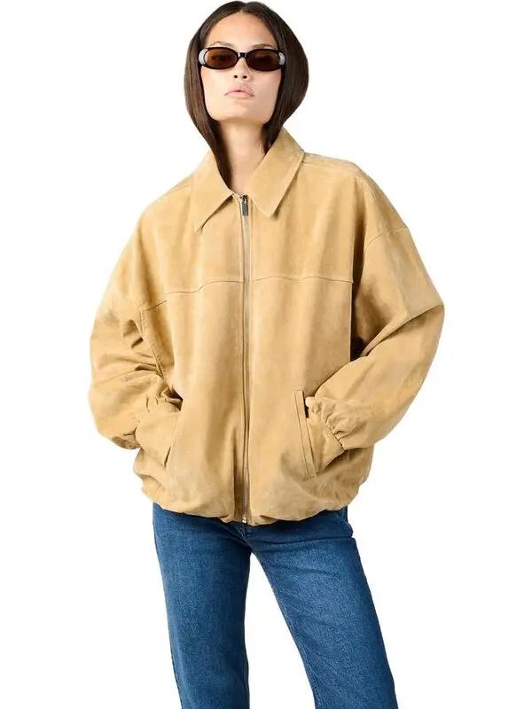 WeWoreWhat Premium Suede Bomber Jacket - Tan