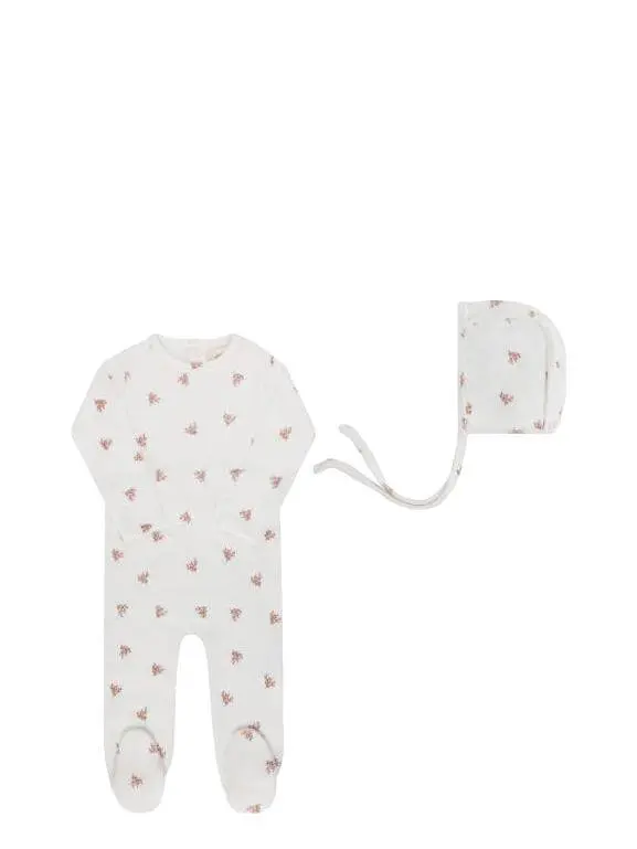 ELY'S & CO. Velour Leaf Pattern Footie And Bonnet Set - Ivory/girl