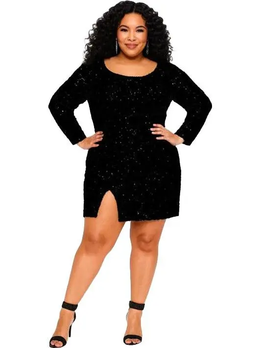 SYDNEY'S CLOSET Long Sleeve Sequin Cocktail Dress - Onyx