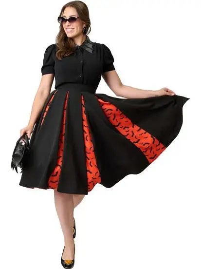 Unique Vintage Pleated Swing Skirt With Pockets - Black