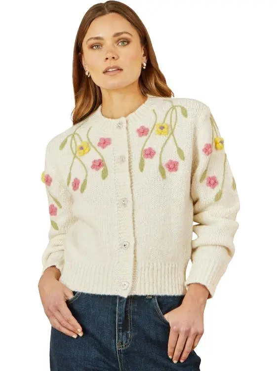 YUMI Hand-embroidered Floral Cardigan - Ivory