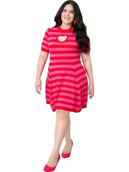 SMAK PARLOUR Heart Cutout Flare Dress - Pink & Red Stripe