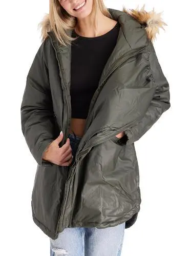 MODERN ETERNITY 3-in-1 Maternity Parka With Faux Fur Trim - Khaki Green