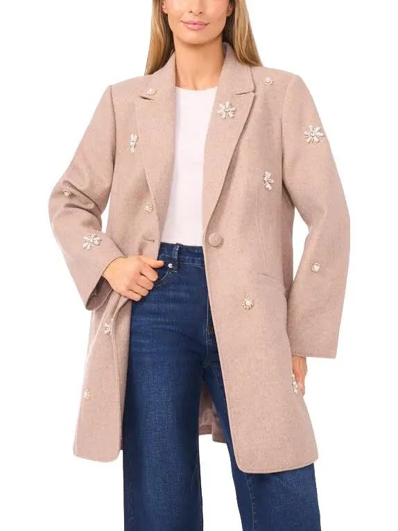 CECE DUPRAZ Faux Pearl And Rhinestone Embellished Coat - Safari
