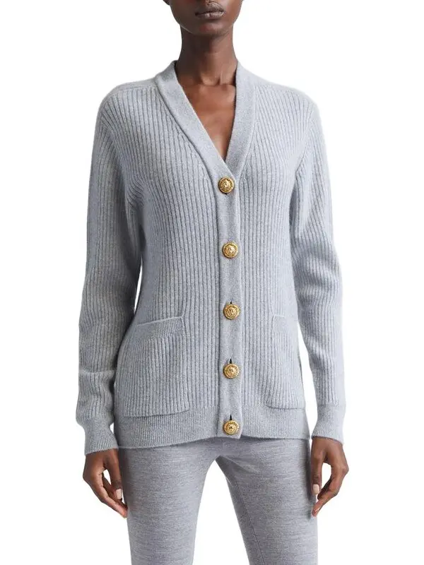 Balmain Button Detail Rib Cashmere & Virgin Wool Cardigan - Heather