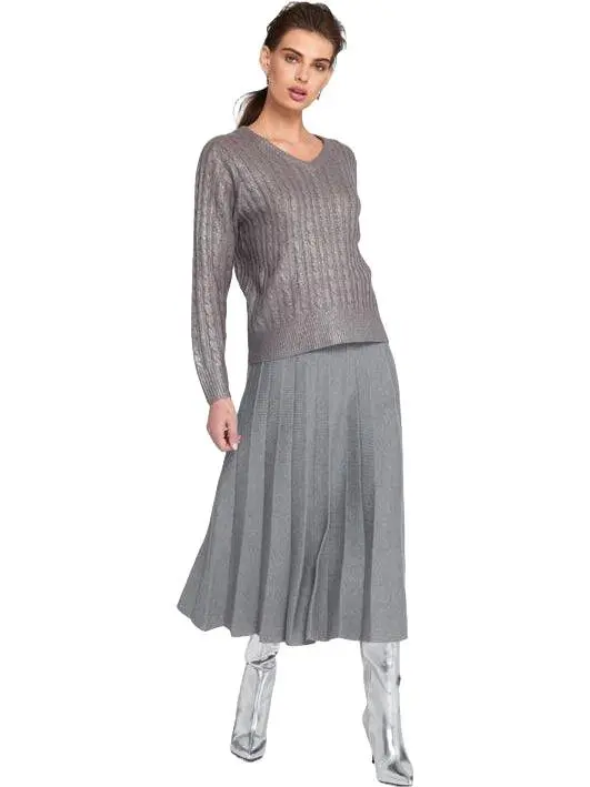 ELLE COLLECTION Metallic Cable Knit Embellished Sweater - Silver
