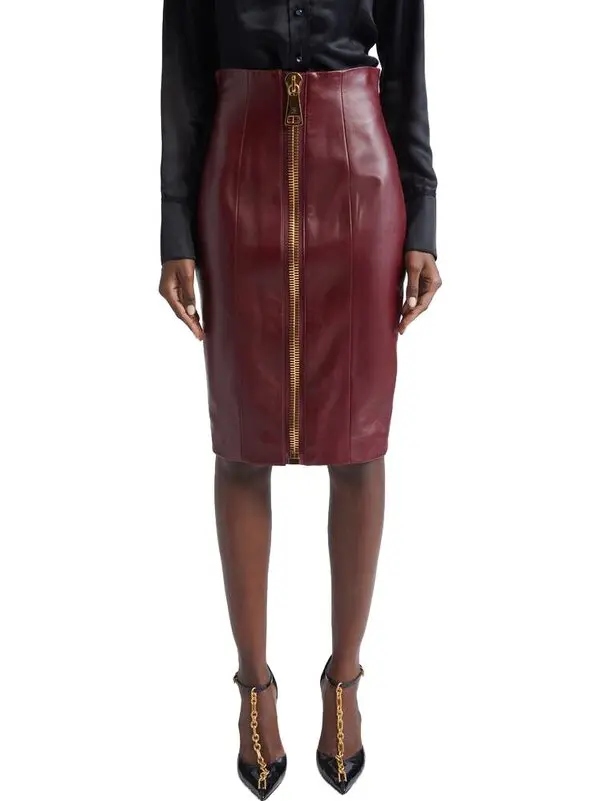 Balmain Zipped High-waist Lambskin Leather Pencil Skirt - Burgundy