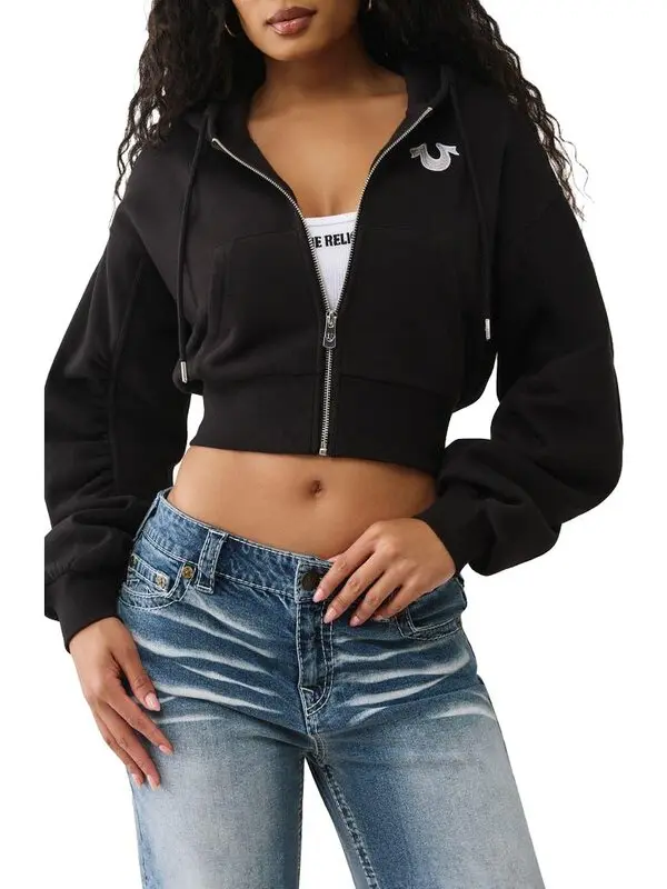 True Religion Ruched Sleeve Logo Zip Hoodie - Jet Black