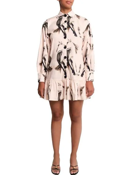 THE LULO PROJECT Medellin Horse Print Long Sleeve Stretch Cotton Shirtdress - Beige Horses
