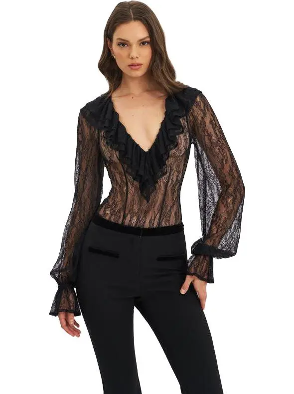MISS CIRCLE Taliah Sheer Lace Ruffled Collar Bodysuit - Black