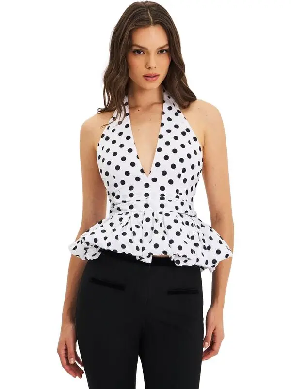 MISS CIRCLE Ilene Halter Peplum Polka Dot Blouse - White